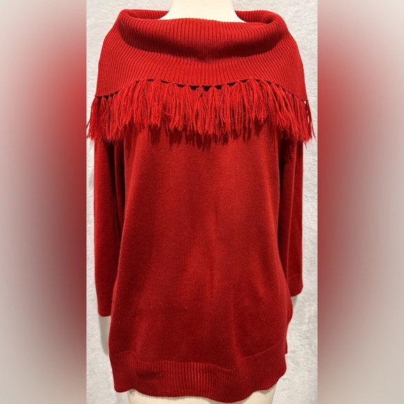 Dress Barn | Sweaters | Xl Red Dress Barn Fringe Cowl Over The Shoulder ...
